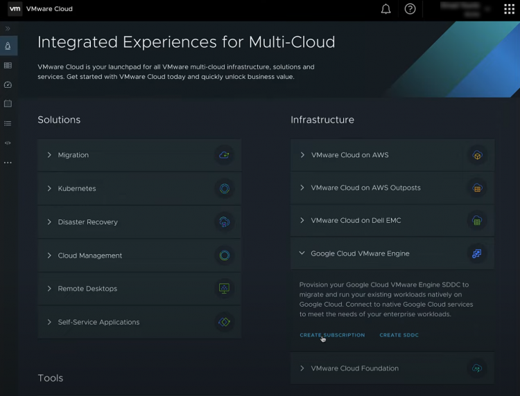 VMware Cloud Console Services for Google Cloud: Preview